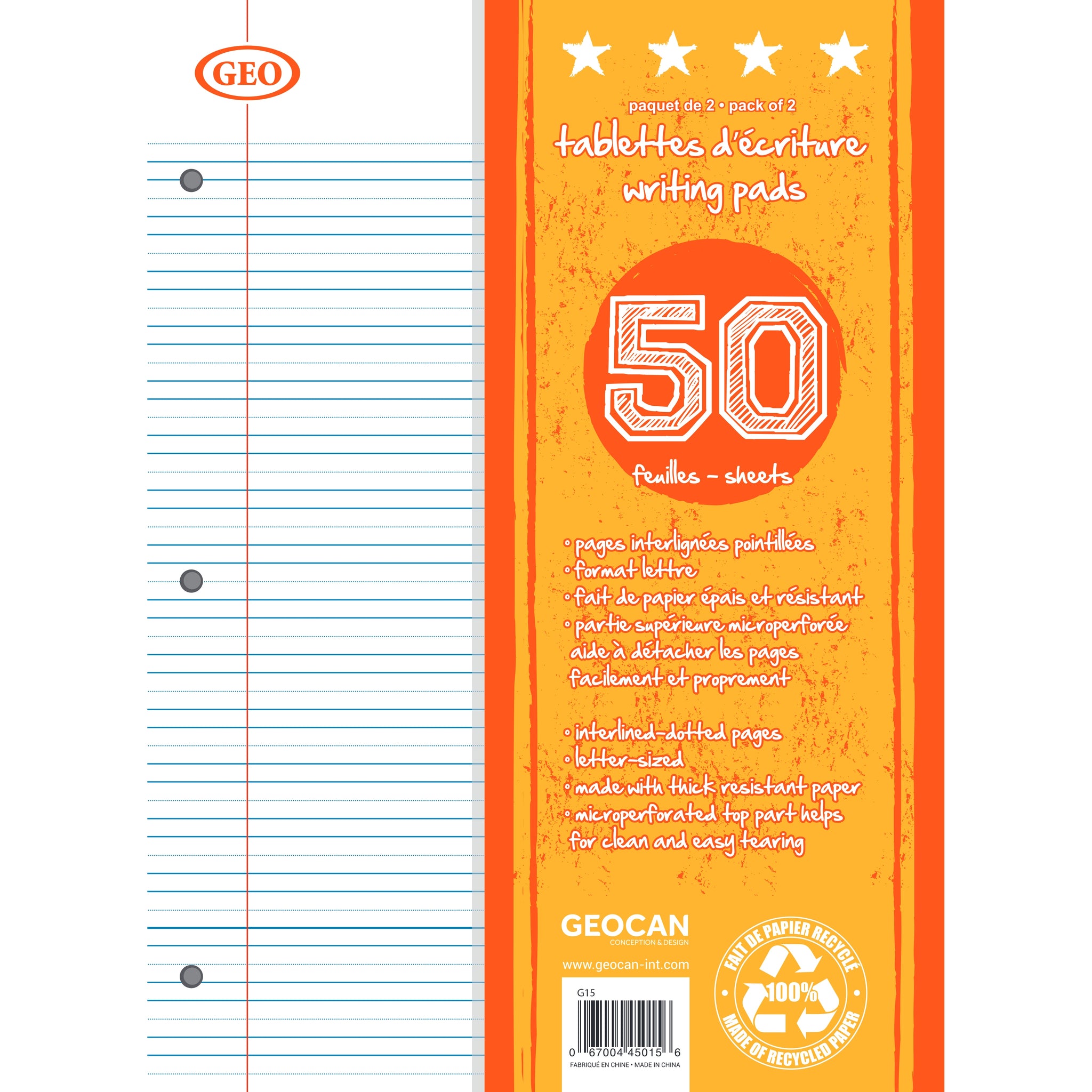 2x50 Feuilles Mobiles Interlignées Pointillées GEO | TS
